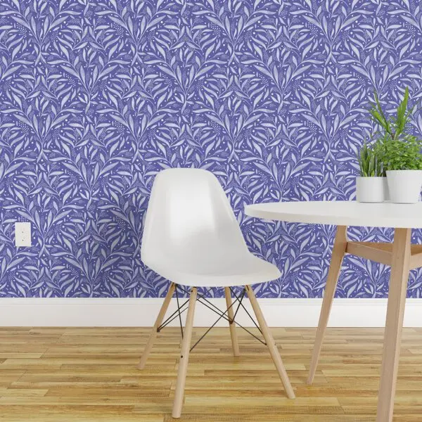 Spoonflower Periwinkle Pretty Pattern White Purple Greenery Traditional Wallpaper
