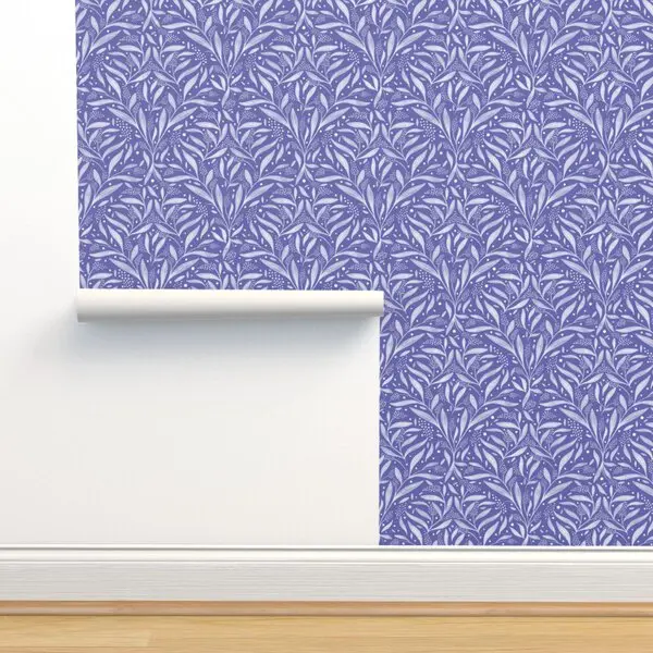Spoonflower Periwinkle Pretty Pattern White Purple Greenery Traditional Wallpaper