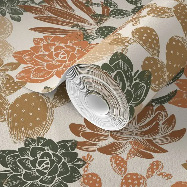 Spoonflower Neutral Succulent Brown Floral Earth Abstract Traditional Wallpaper - Orange,green,brown