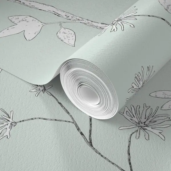 Spoonflower Modern Peony Duck Egg Chinoiserie Simple Gray Traditional Wallpaper - Green,gray