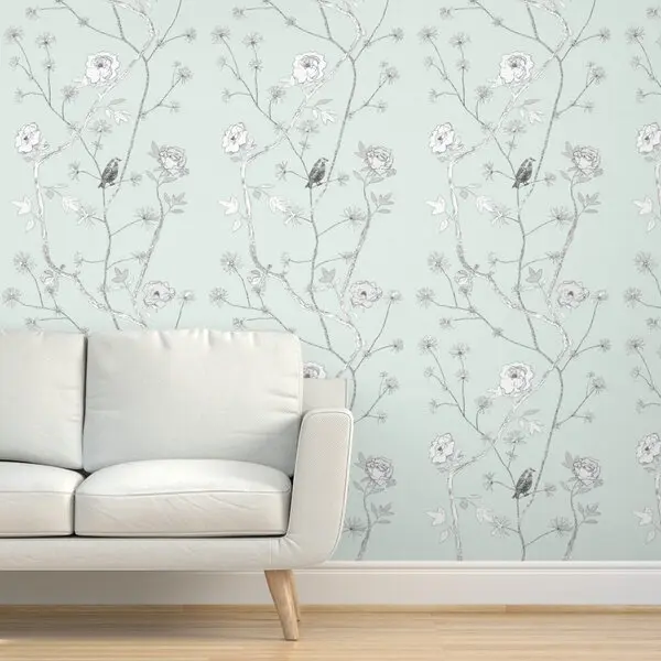 Spoonflower Modern Peony Duck Egg Chinoiserie Simple Gray Traditional Wallpaper