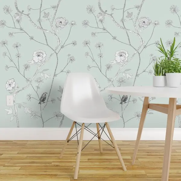 Spoonflower Modern Peony Duck Egg Chinoiserie Simple Gray Traditional Wallpaper
