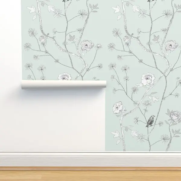 Spoonflower Modern Peony Duck Egg Chinoiserie Simple Gray Traditional Wallpaper