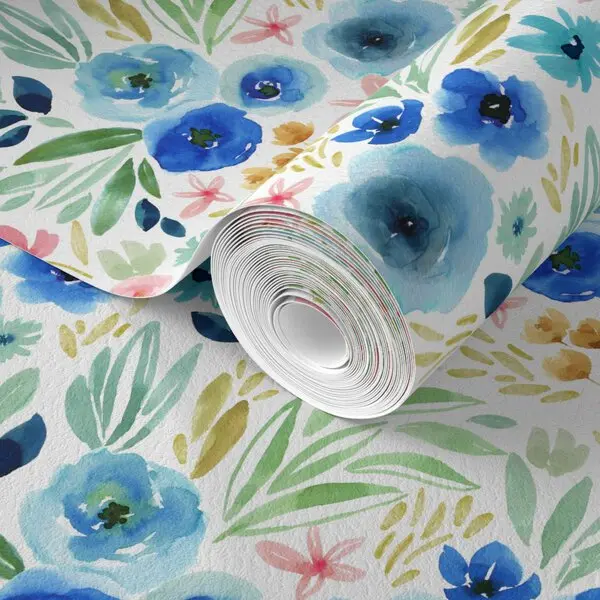 Spoonflower Blue Blooms Pink Green Flowers Leaves Grass Home Traditional Wallpaper - Blue,green,brown