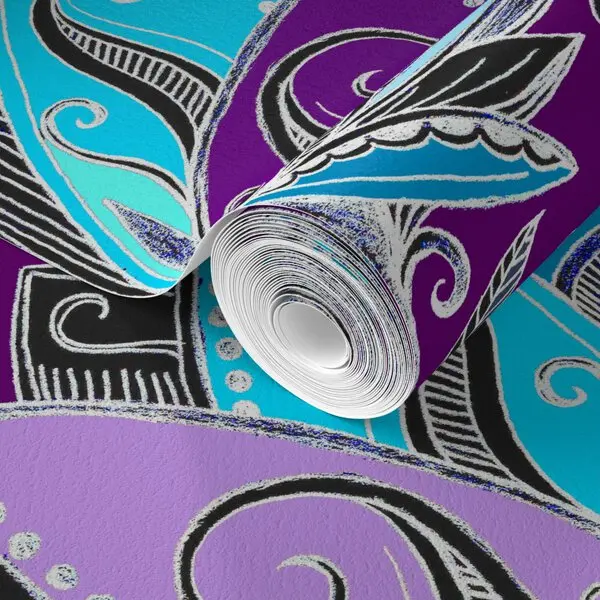 Spoonflower Art Deco Lotus Turquoise Purple Teal Nouveau Traditional Wallpaper - Purple,blue