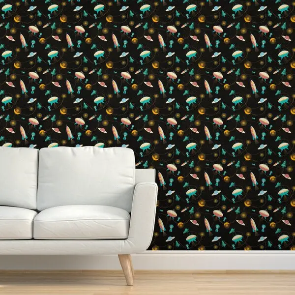 Spoonflower Rockets Aliens Black Background Outer Space Traditional Wallpaper