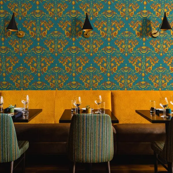 Spoonflower Damask Love Science Copper Peacock Gears Solar Traditional Wallpaper - Blue,orange,brown