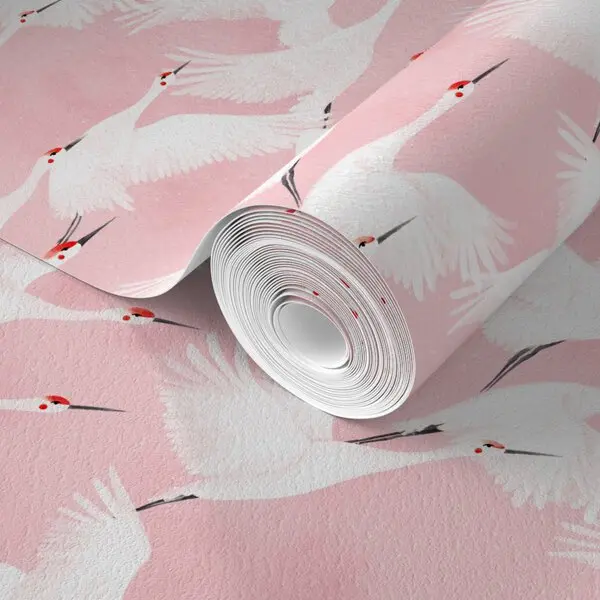 Spoonflower Flying Cranes Pink White Stars Birds Pattern Sky Traditional Wallpaper - Pink,white,red