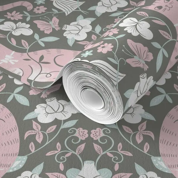 Spoonflower Cats Damask Rose Grey Butterfly Feminine Roses Traditional Wallpaper - Pink,gray,green