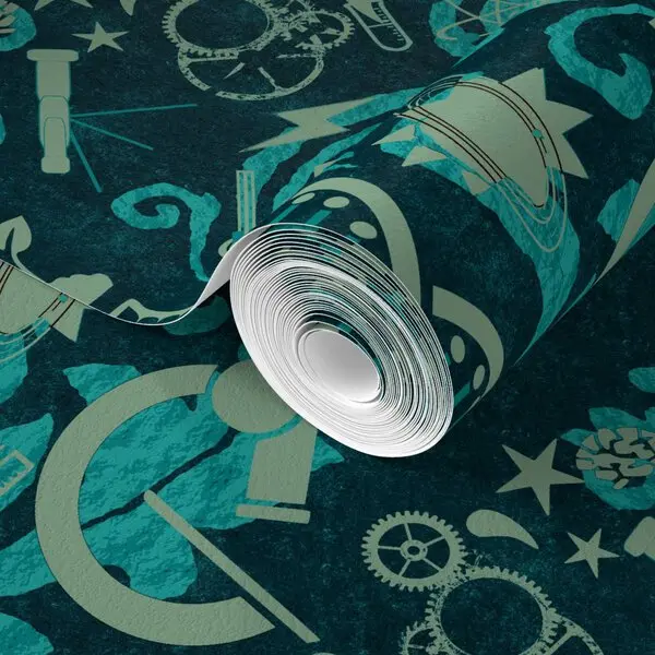 Spoonflower Love Science Damask Peacock Jade Solar System Traditional Wallpaper