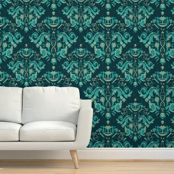 Spoonflower Love Science Damask Peacock Jade Solar System Traditional Wallpaper