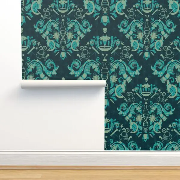 Spoonflower Love Science Damask Peacock Jade Solar System Traditional Wallpaper