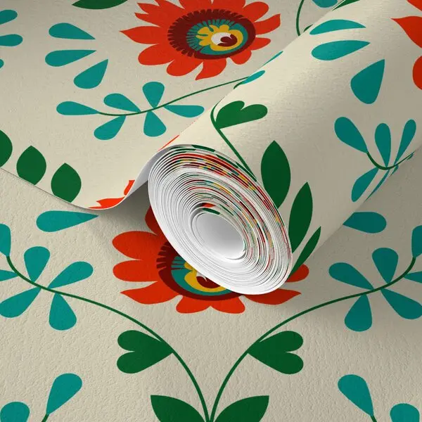 Spoonflower Green Floral Leaf Stem Folk Art Flowers Scandi Traditional Wallpaper - Green,orange