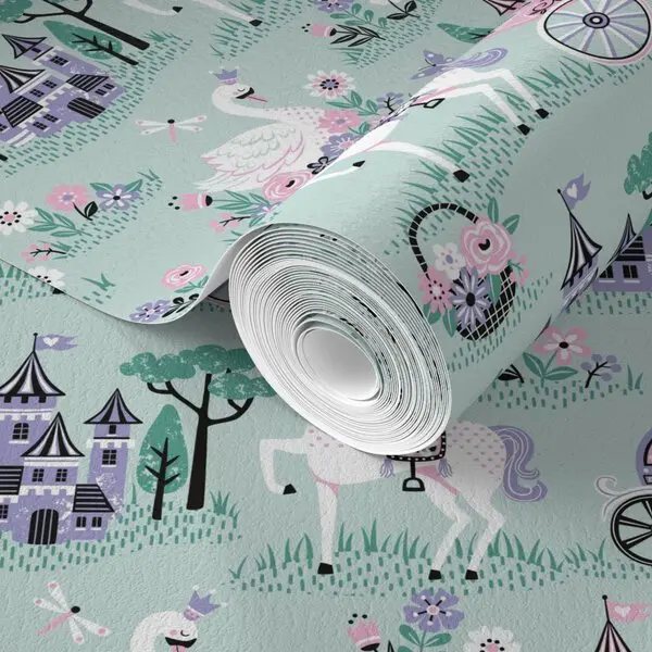 Spoonflower Pastel Mint Green Pink Fairytale Princess Carriage Traditional Wallpaper - Blue,pink,teal