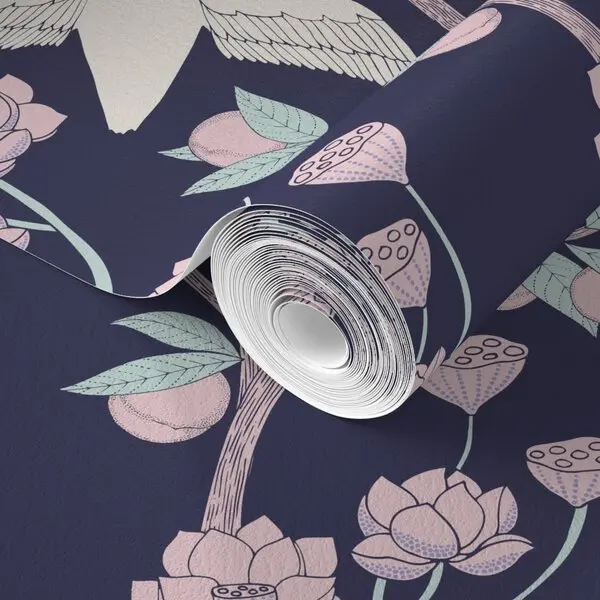 Spoonflower Chinoiserie Swan Navy Pink Mint Delicate Peaches Traditional Wallpaper - Blue,pink,gray