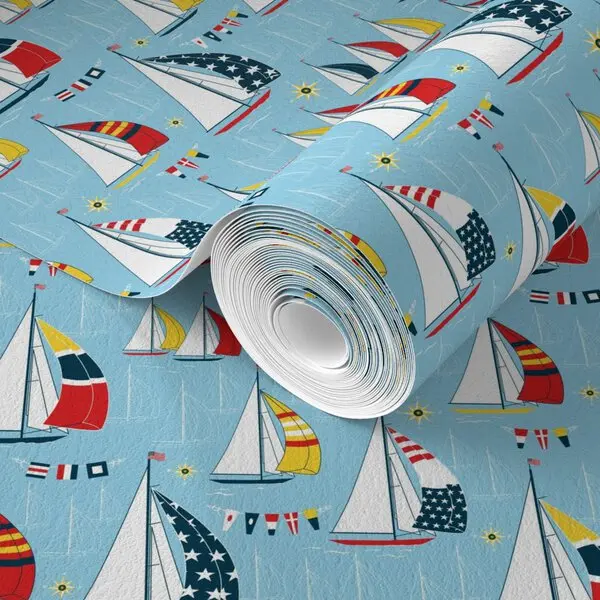 Spoonflower Sailing Boats Sea Boat Race Red White Blue Traditional Wallpaper - Blue,red,gray