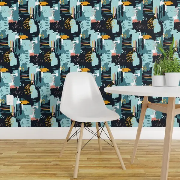 Spoonflower Large Painterly Color Blue Modern Gold Abstract Traditional Wallpaper