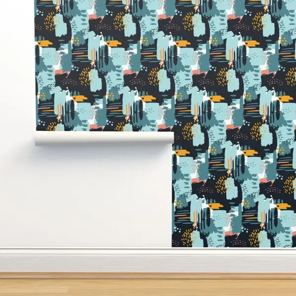 Spoonflower Large Painterly Color Blue Modern Gold Abstract Traditional Wallpaper