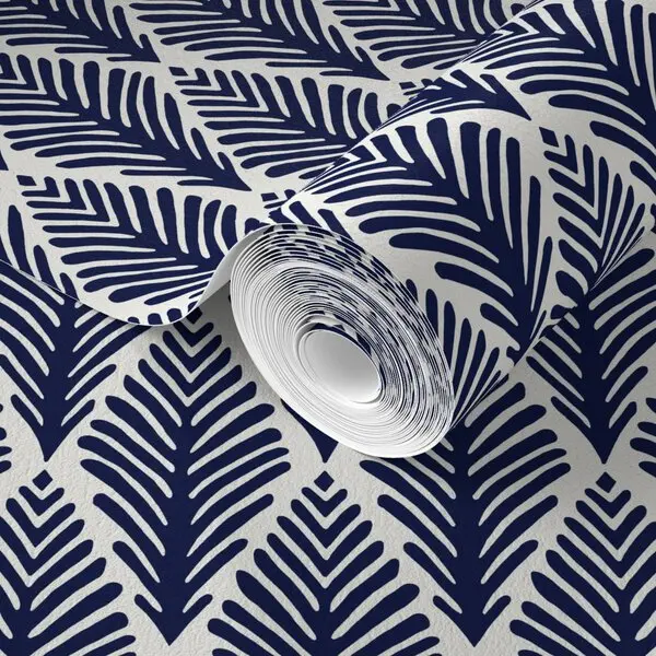 Spoonflower Leaf Diamond White Blue Leaves Botanical Plant Traditional Wallpaper - Blue,white,gray
