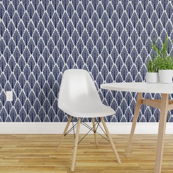 Spoonflower Leaf Diamond White Blue Leaves Botanical Plant Traditional Wallpaper