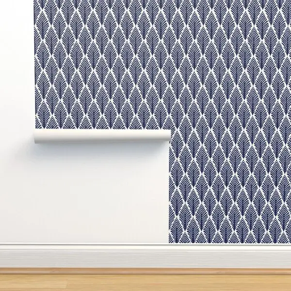 Spoonflower Leaf Diamond White Blue Leaves Botanical Plant Traditional Wallpaper