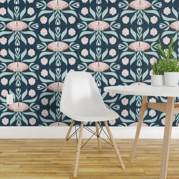 Spoonflower Floral Butterfly Pink Navy Moth Line Art Botanical Traditional Wallpaper - Blue,pink,gray