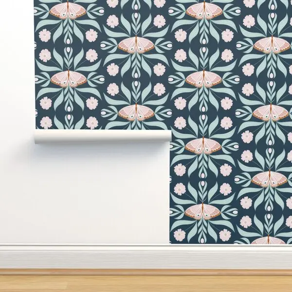 Spoonflower Floral Butterfly Pink Navy Moth Line Art Botanical Traditional Wallpaper - Blue,pink,gray