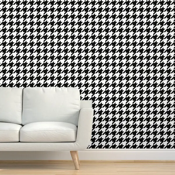 Spoonflower Houndstooth Check Black White Medium Pattern Traditional Wallpaper