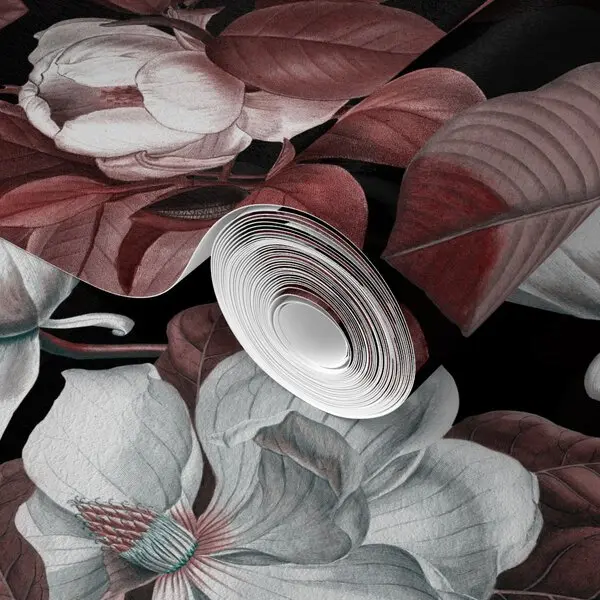 Spoonflower Antique Flowers White Black Vintage Leaves Floral Traditional Wallpaper - Black,pink,gray