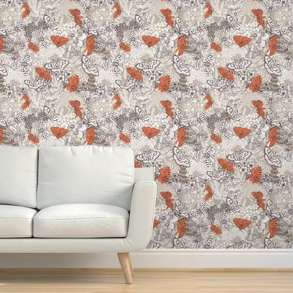 Spoonflower Moths Florals Flower Vintage Butterfly Red Brown Traditional Wallpaper - Beige,orange,gray