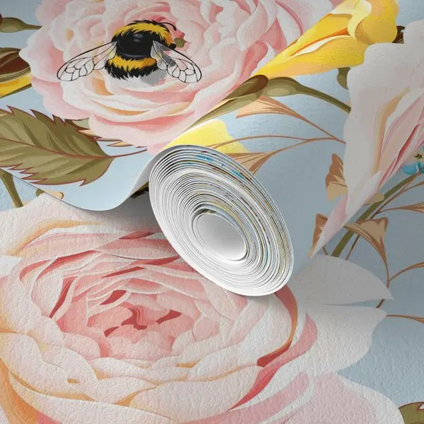Spoonflower Spring Flora Yellow Pink Vintage Cute Chic Elegant Traditional Wallpaper