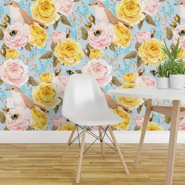 Spoonflower Spring Flora Yellow Pink Vintage Cute Chic Elegant Traditional Wallpaper