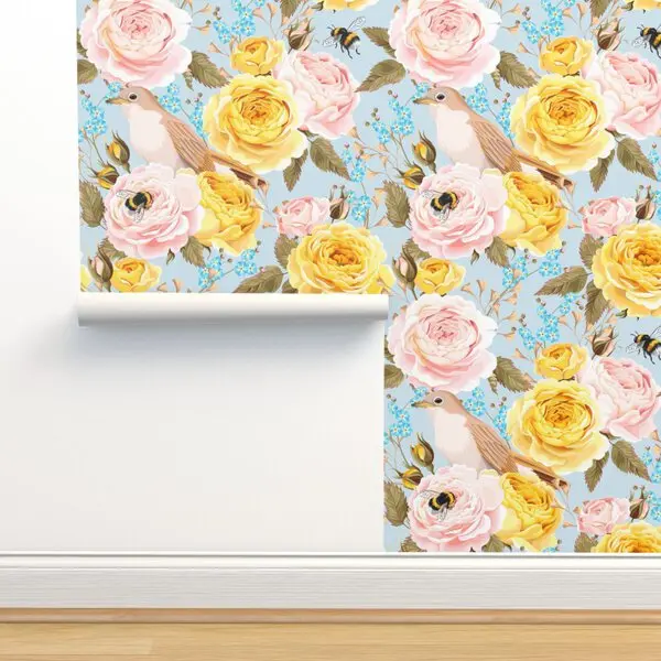 Spoonflower Spring Flora Yellow Pink Vintage Cute Chic Elegant Traditional Wallpaper