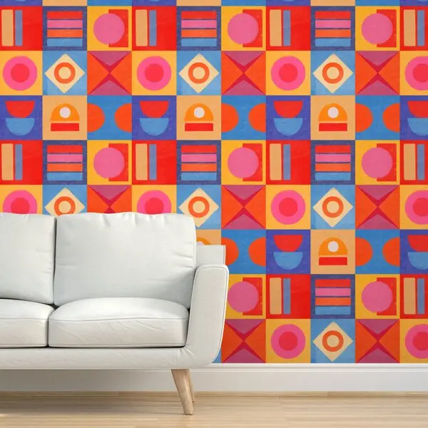 Spoonflower Retro Block Bright Quilt Circles Geometric Traditional Wallpaper