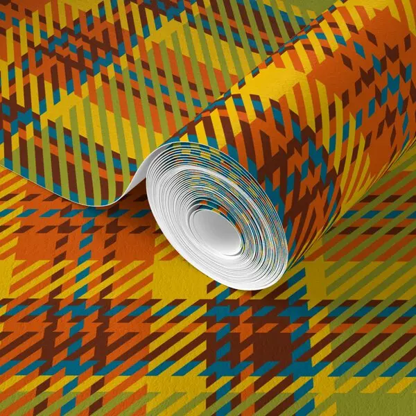 Spoonflower 70s Plaid Green Vintage Blue Yellow Brown Retro Traditional Wallpaper - Green,yellow,orange