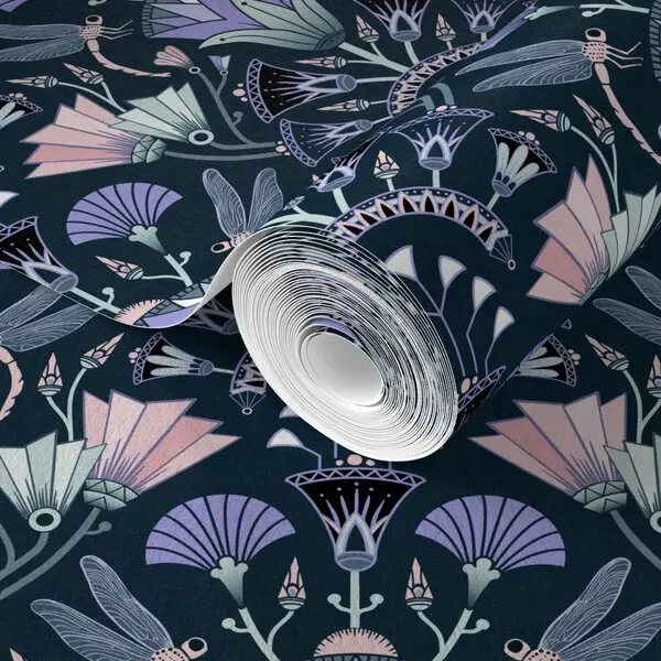 Spoonflower Art Deco Dragonflies Lotus Flowers Egyptian Style Traditional Wallpaper - Blue,purple