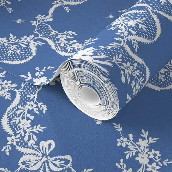 Spoonflower Toile Flowers Floral Blue White Delft Birds French Traditional Wallpaper - Blue,white