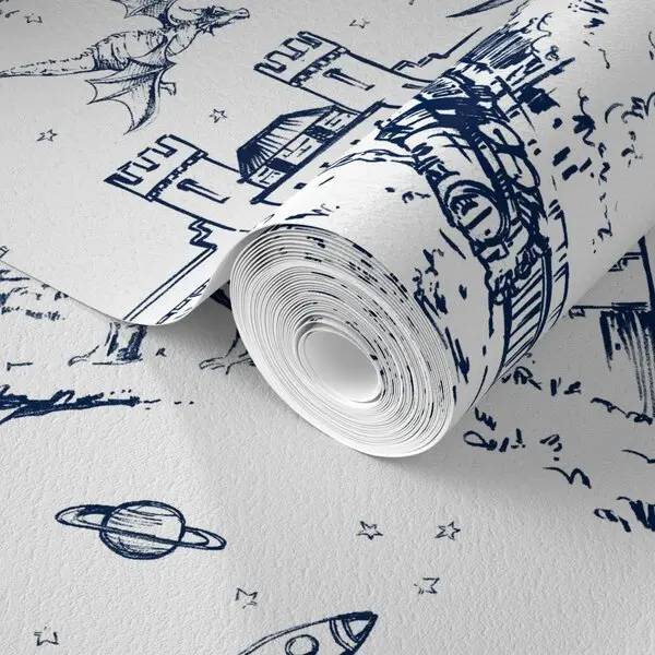 Spoonflower Adventure Toile Midnight Navy Traditional Wallpaper - Blue,white,gray
