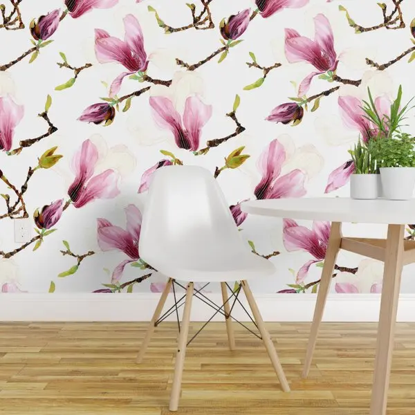 Spoonflower Winter Pink Purple Watercolour Plant Traditional Wallpaper - Pink,gray,black