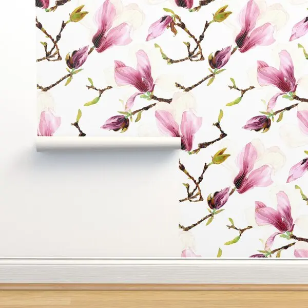 Spoonflower Winter Pink Purple Watercolour Plant Traditional Wallpaper - Pink,gray,black