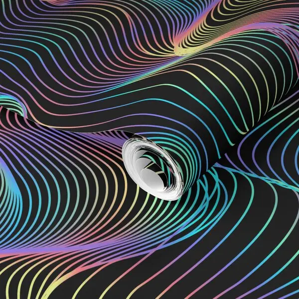 Spoonflower Blue Black Abstract Lines Wavy Neon Tech Digital Traditional Wallpaper - Black,gray,green