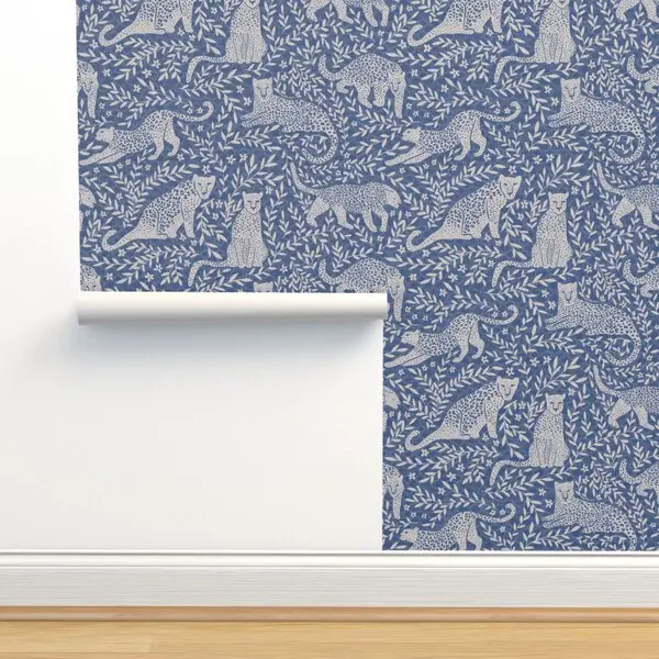 Spoonflower Jungle Cat Classic Blue Grey Leopard Bohemian Traditional Wallpaper