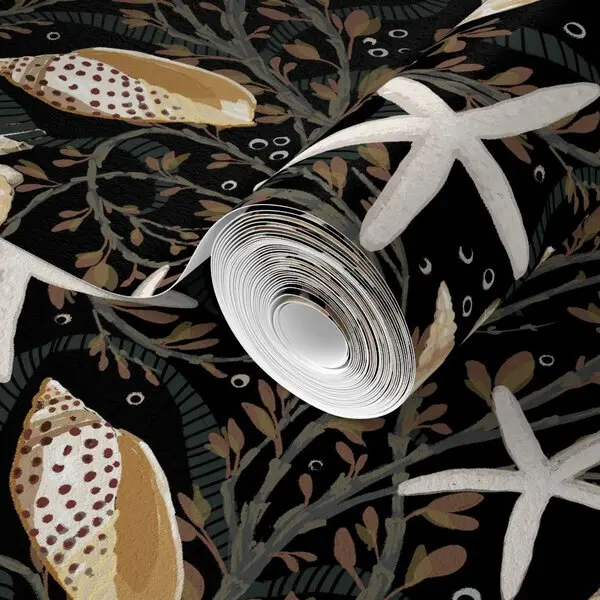 Spoonflower Coastal Seashells Starfish Black Nautical Beach Traditional Wallpaper - Black,beige,gray