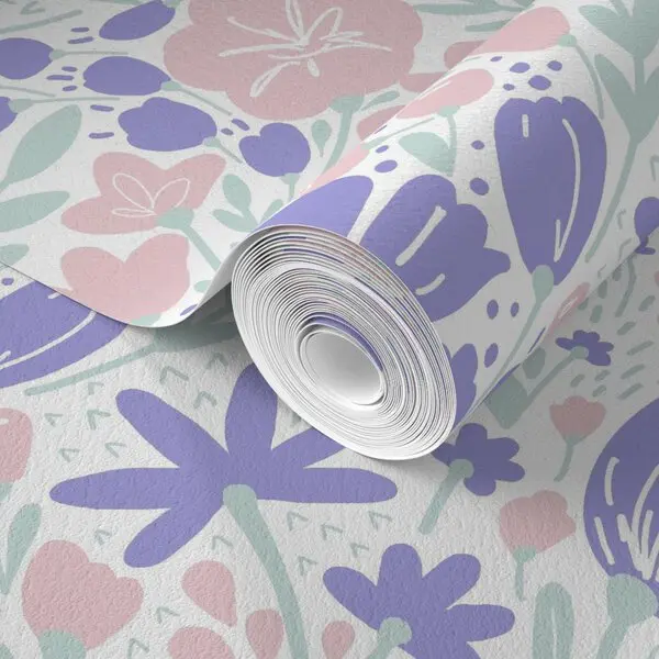 Spoonflower Pastel Flowers Lilac Pink Mint Spring Floral Traditional Wallpaper - Purple,pink,blue