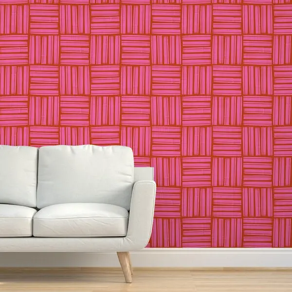Spoonflower Large Raspberry Stripe Geometric Grid Check Geo Traditional Wallpaper