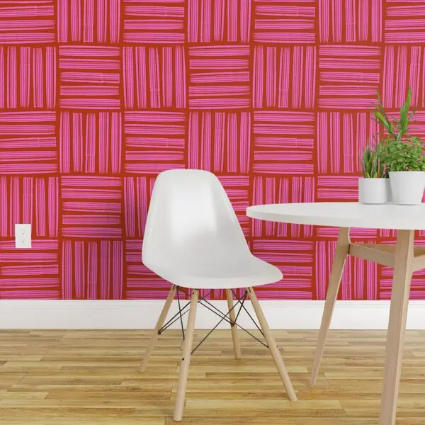Spoonflower Large Raspberry Stripe Geometric Grid Check Geo Traditional Wallpaper