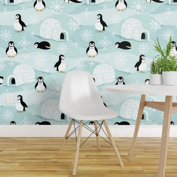 Spoonflower Penguins And Snowflakes Winter Holiday Animals Traditional Wallpaper