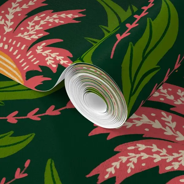 Spoonflower Dark Green Pink Flower Floral Orange Colorful Traditional Wallpaper - Green,pink,brown