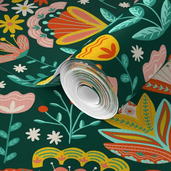 Spoonflower Maximalist Folk Pink Bright Teal Red Floral Scandi Traditional Wallpaper - Green,yellow,teal