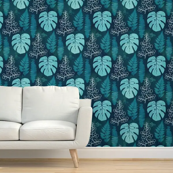 Spoonflower Dark Green Teal Tropical Leaves Jungle Bohemian Traditional Wallpaper - Blue,green,turquoise